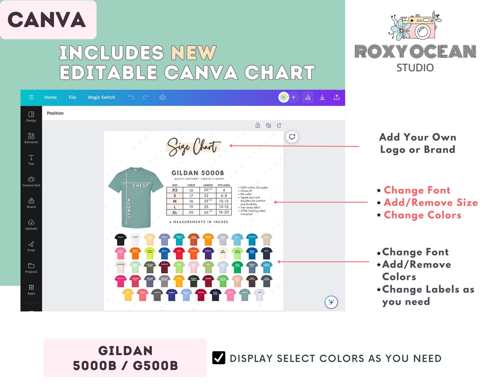 Gildan 5000B Size + Color Chart | EDITABLE Canva Template | G500B Heavy ...