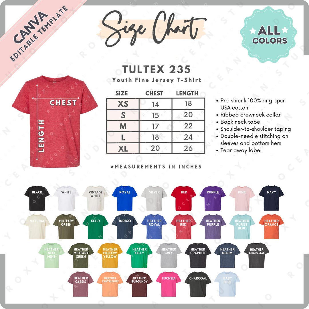 Tultex 235 Size + Color Chart | EDITABLE Canva Template | 235 Youth ...