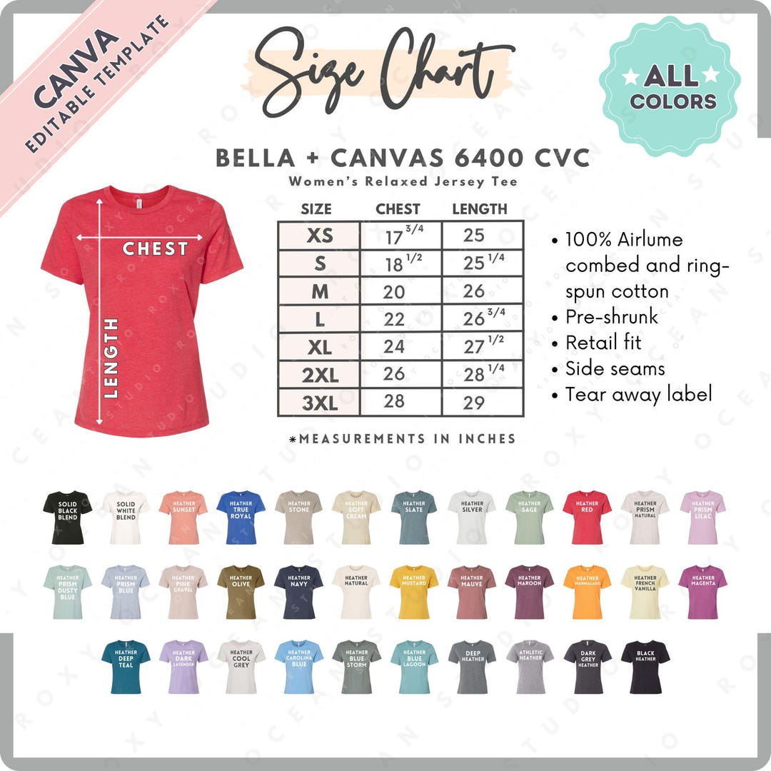 Bella Canvas 6400 CVC Size + Color Chart | Editable Canva Template ...