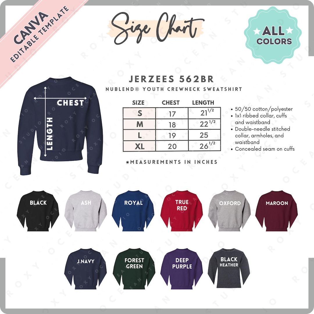 Jerzees 562BR Size + Color Chart | EDITABLE Canva Template | 562BR ...