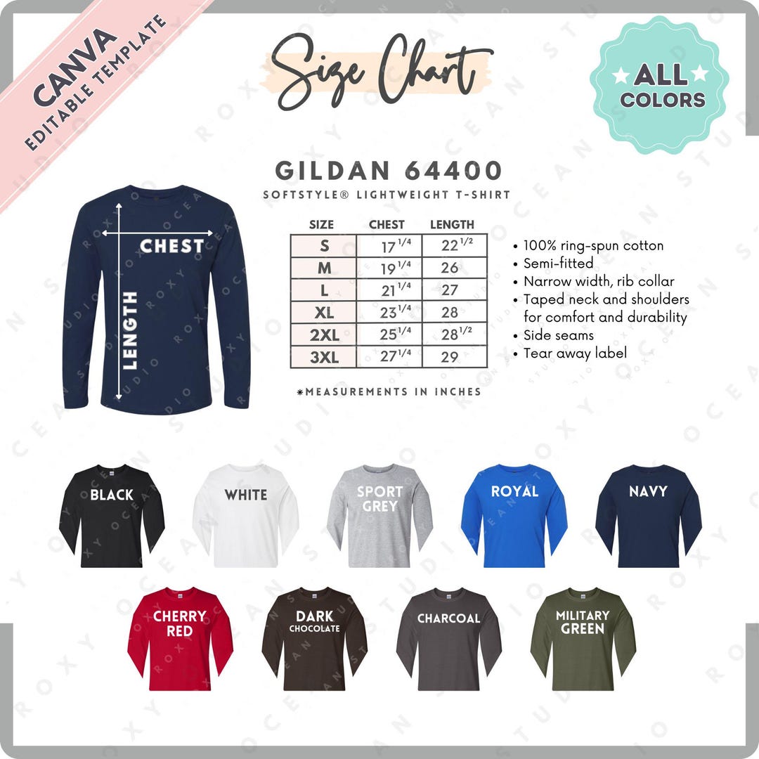 Gildan 64400 Size + Color Chart | EDITABLE Canva Template | G644 Unisex ...