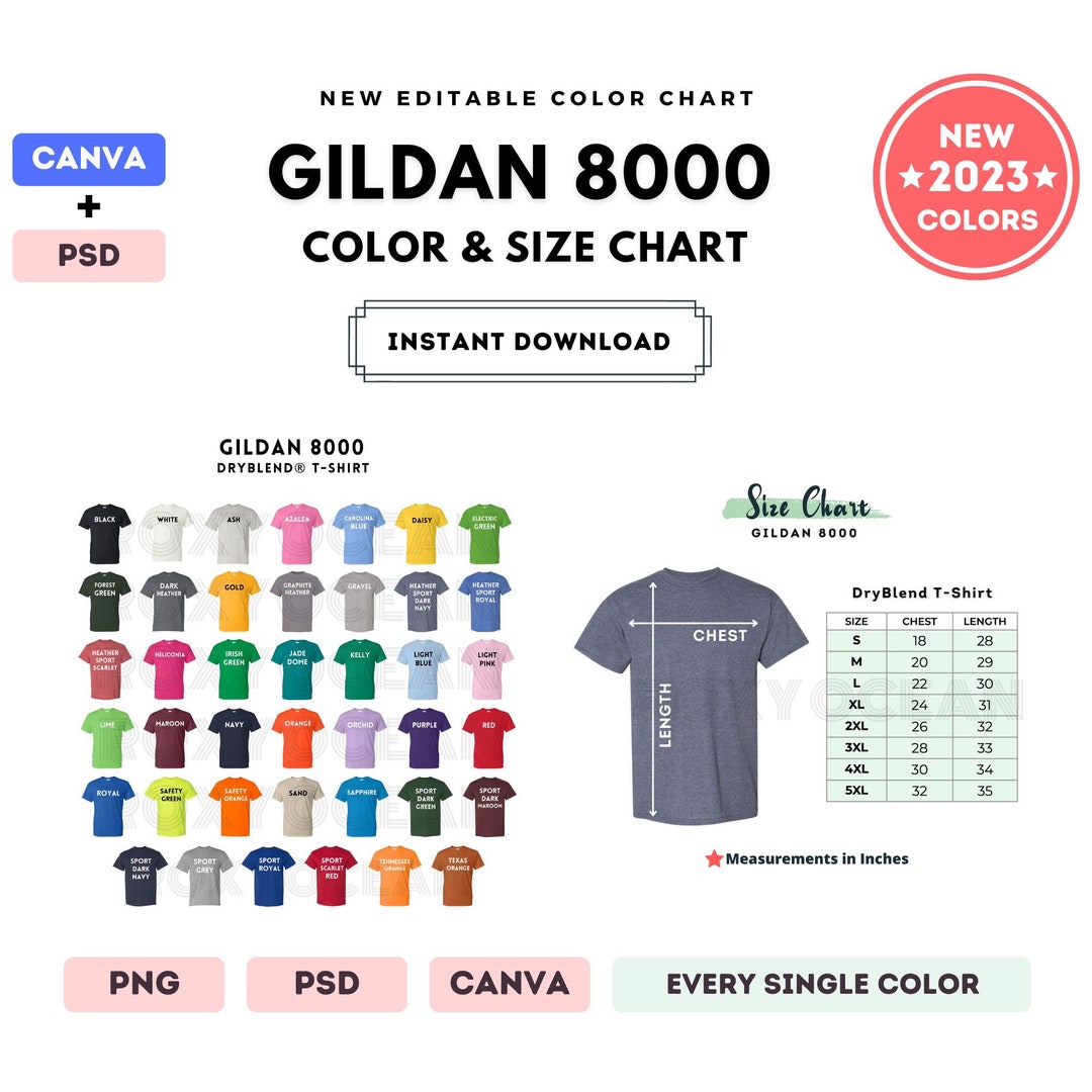G800 Color Size Chart EDITABLE Canva Template G800 Dryblend T-shirt ...
