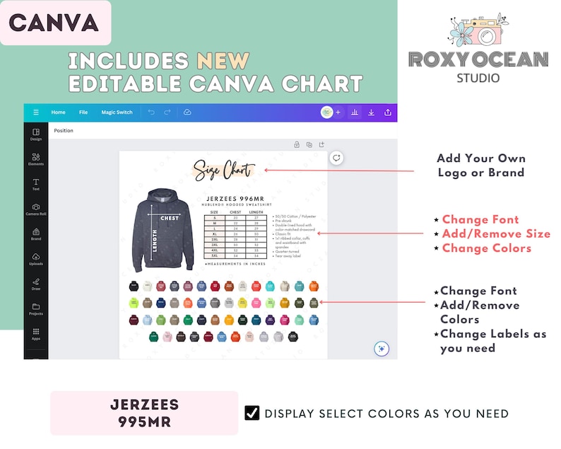 Jerzees 995MR Size + Color Chart | EDITABLE Canva Template | 995MR ...