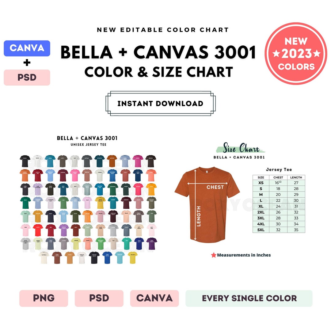 Bella Canvas 3001 Color Size Chart EDITABLE Canva Template 3001 Unisex ...