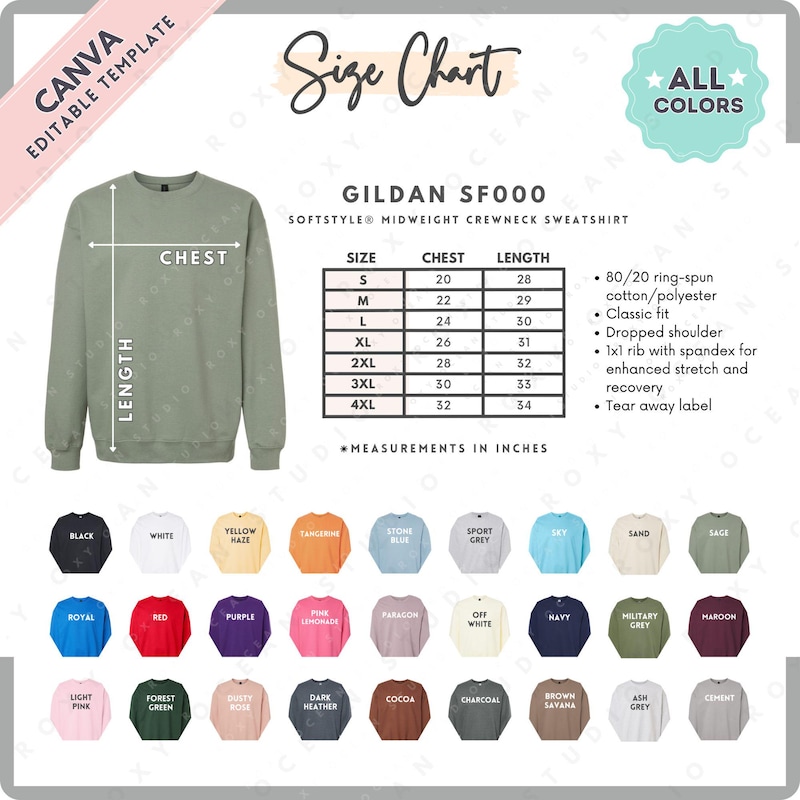 Color Chart Gildan Sf000 - Etsy