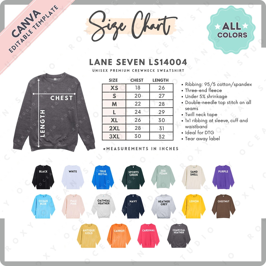 Lane Seven LS14004 Size + Color Chart | EDITABLE Canva Template ...