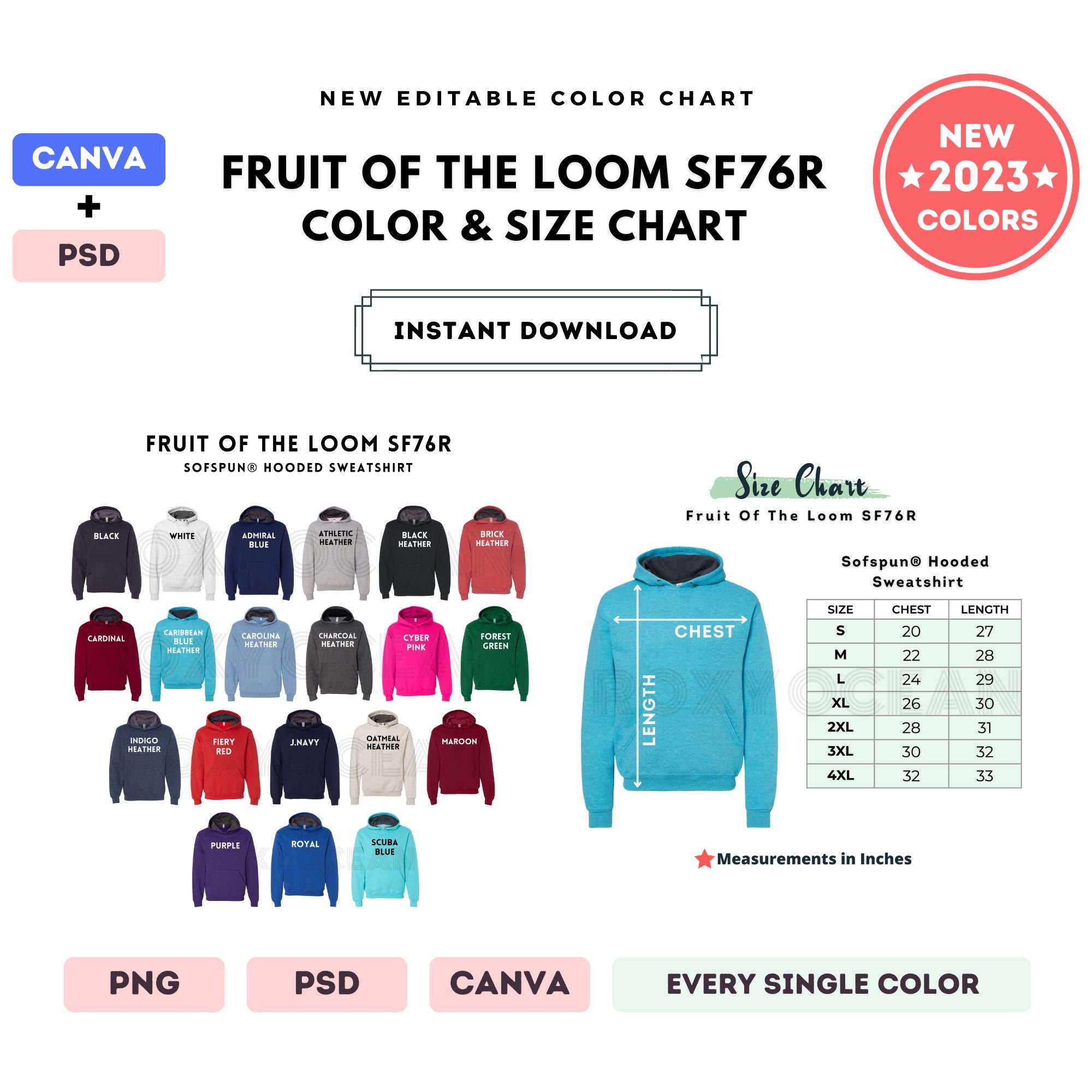 Fruit of the Loom SF76R Color Size Chart EDITABLE Canva Template SF76R ...