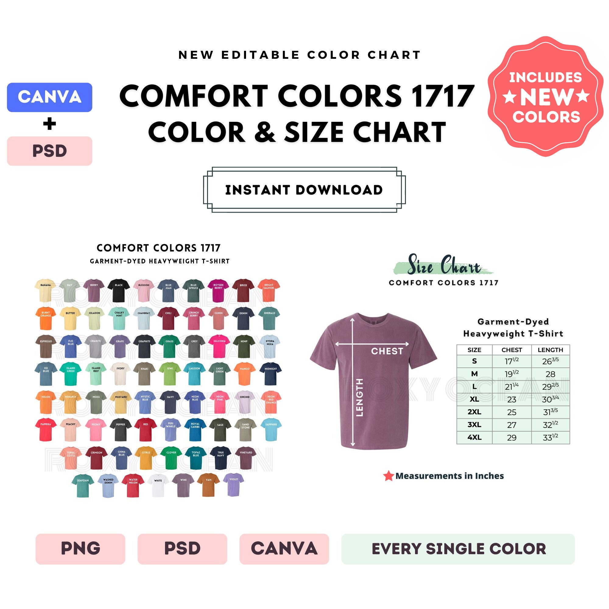 Comfort Colors 1717 Color + Size Chart | EDITABLE Canva Template | 1717 ...
