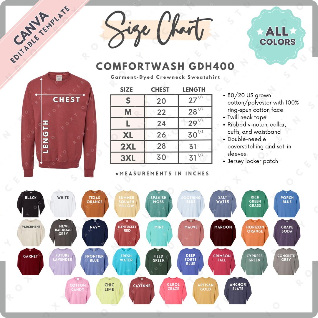 Comfortwash GDH400 Size + Color Chart | EDITABLE Canva Template ...