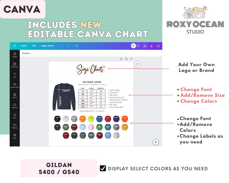 Gildan 5400 Size + Color Chart | EDITABLE Canva Template | G540 Heavy ...