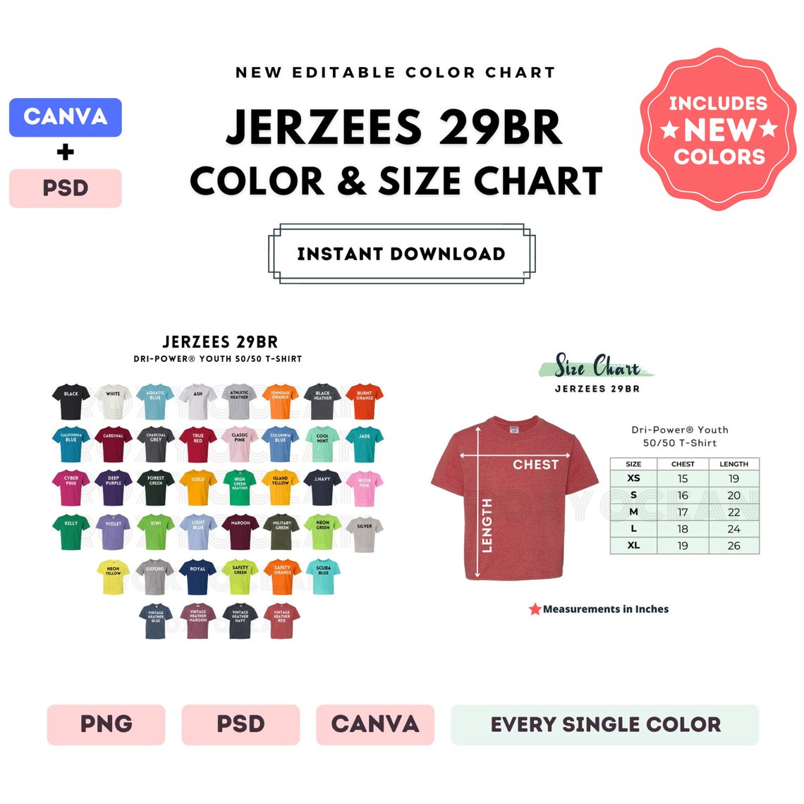 Jerzees 29BR Color + Size Chart | EDITABLE Canva Template | 29BR Dri ...
