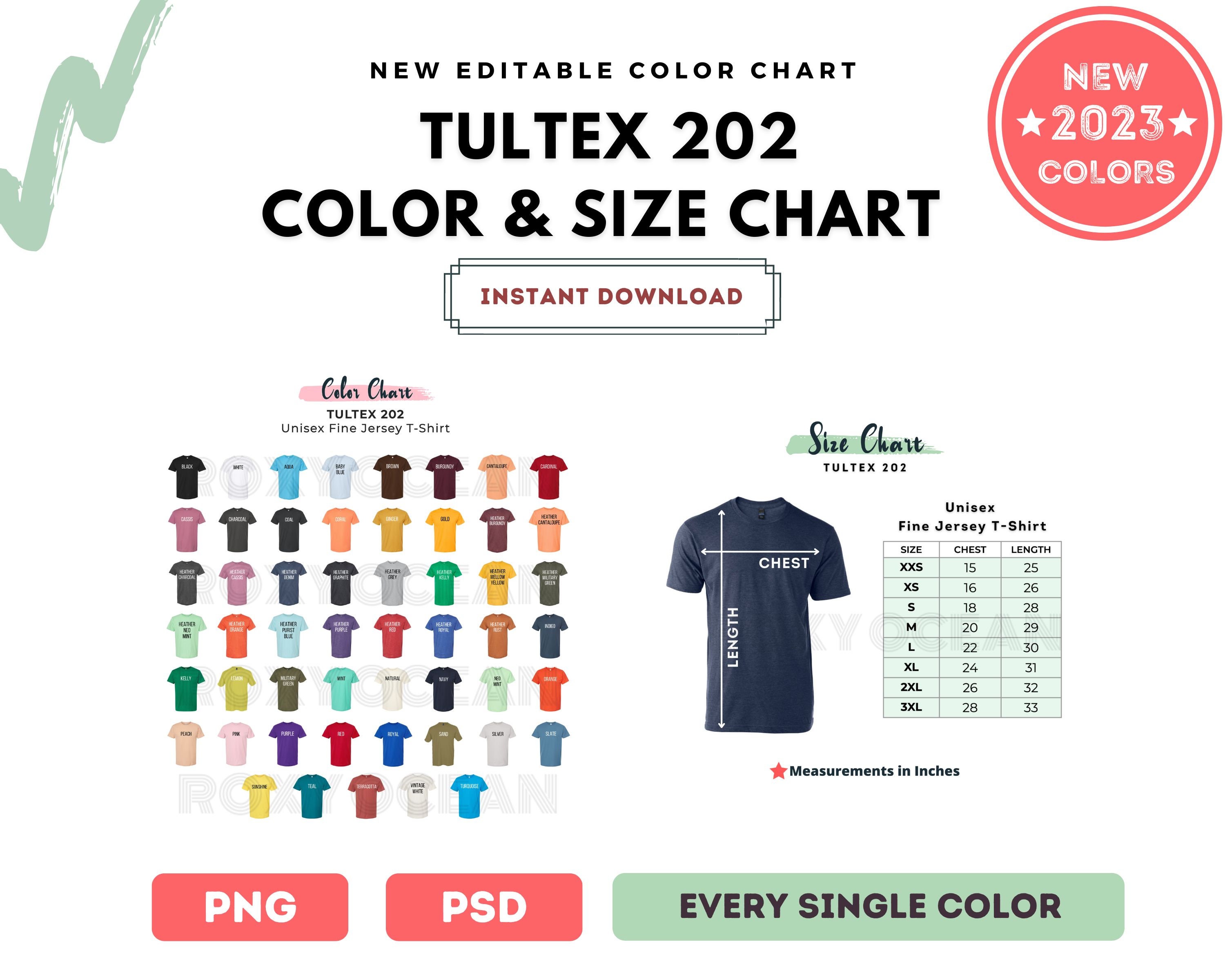 Tultex 202 Color Chart 202TC Color and Size Chart Digital - Etsy Canada