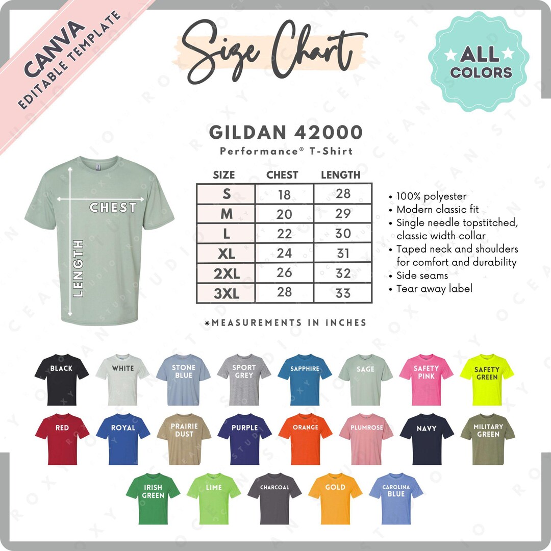 Gildan 42000 Size + Color Chart | EDITABLE Canva Template | G420 Performance T-shirt | G420 Size ...