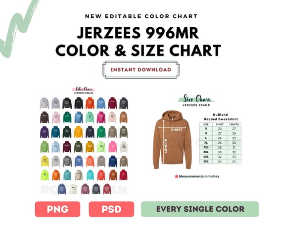 Jerzees 996MR Color Chart Digital File Color and Size Chart - Etsy Finland