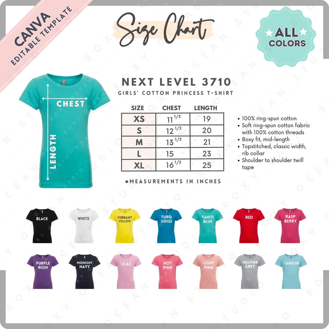 Next Level 3710 Size + Color Chart | EDITABLE Canva Template | 3710 ...