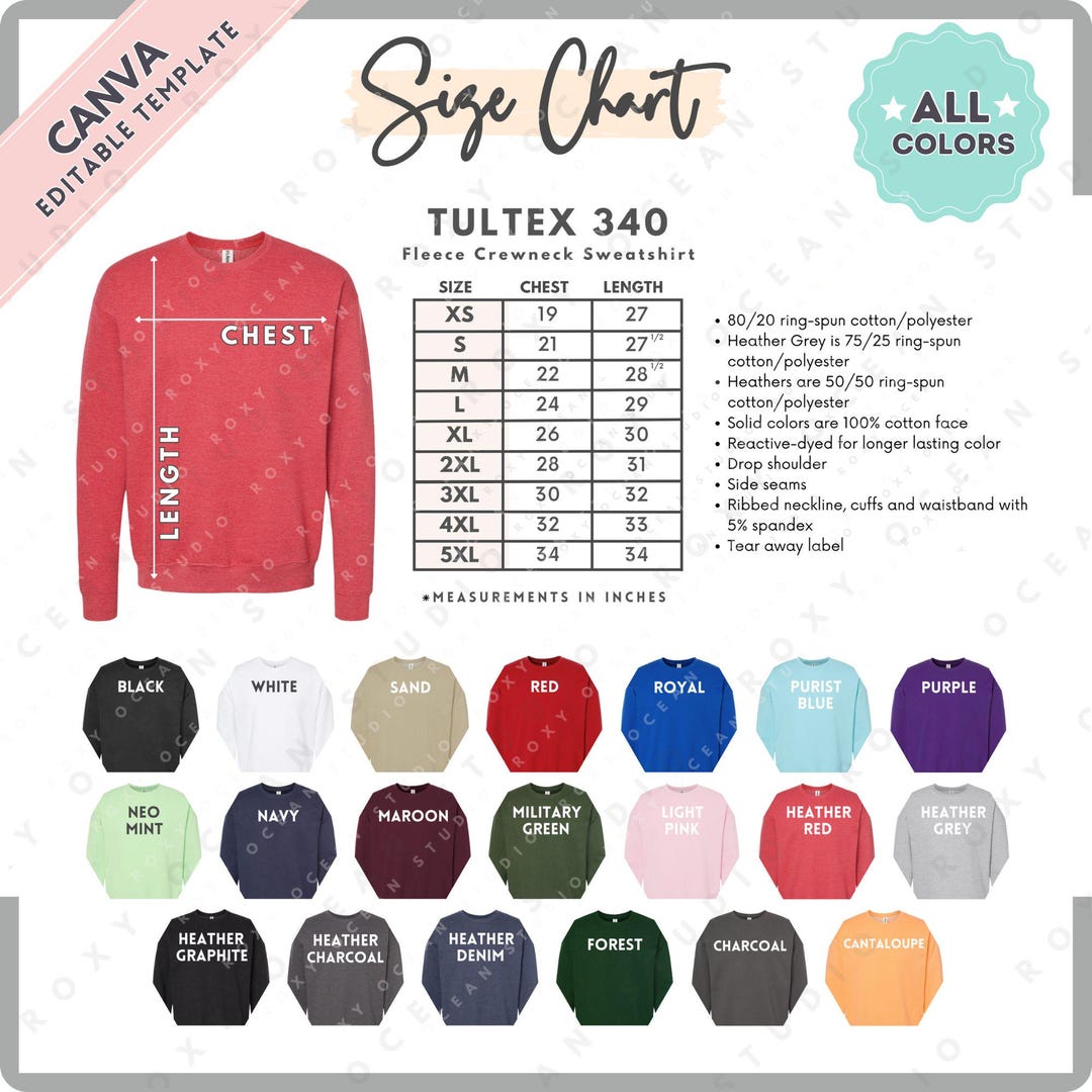 Tultex 340 Size + Color Chart | EDITABLE Canva Template | 340 Fleece ...