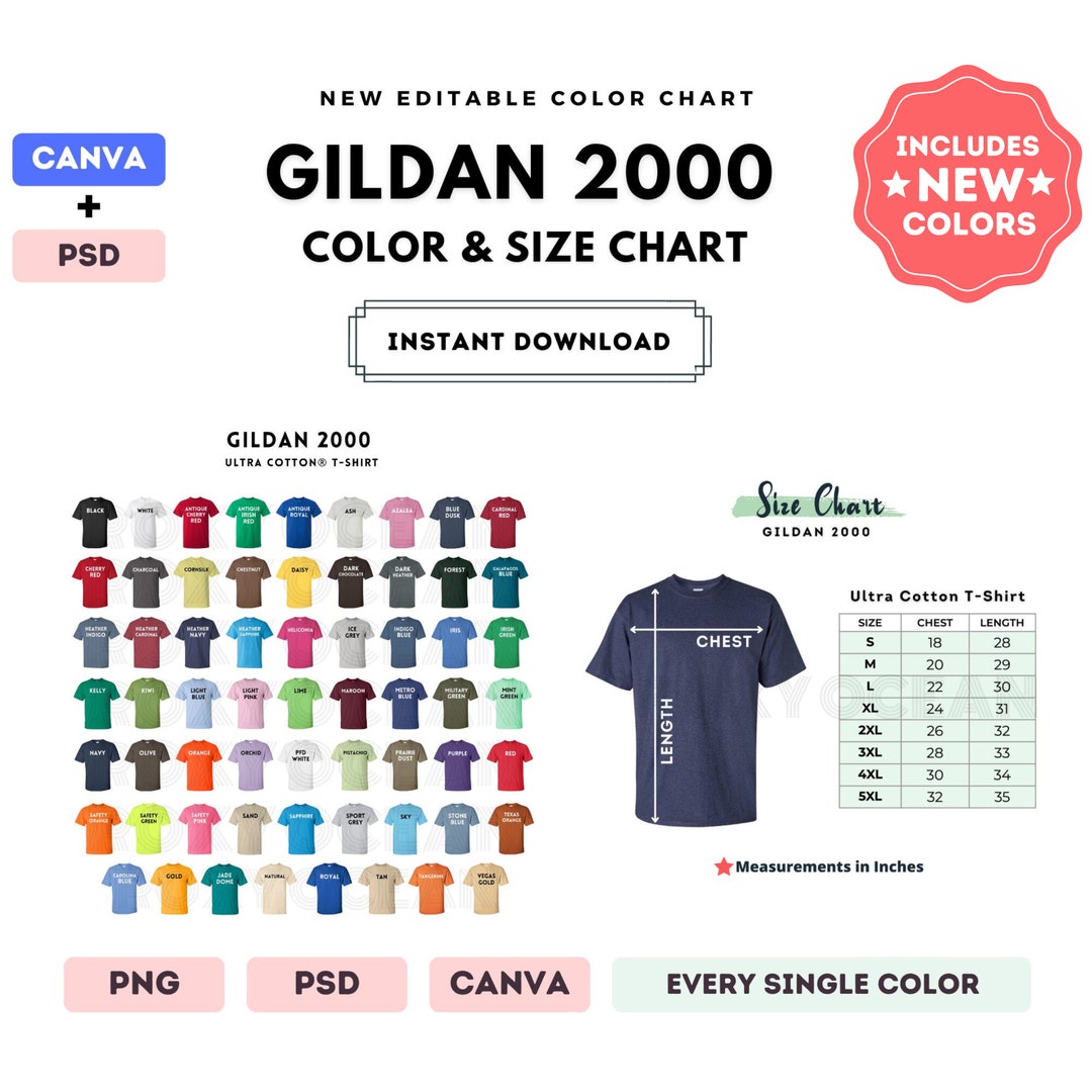 G200 Color + Size Chart | EDITABLE Canva Template | G200 Ultra Cotton T ...
