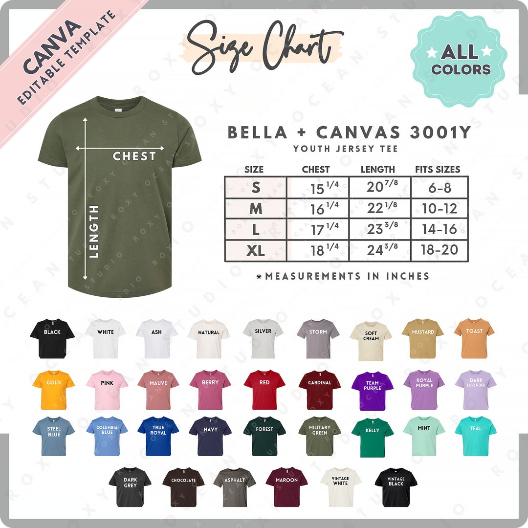 Bella Canvas 3001Y Size Color Chart EDITABLE Canva Template 3001Y Youth Jersey Tee 3001Y Size ...