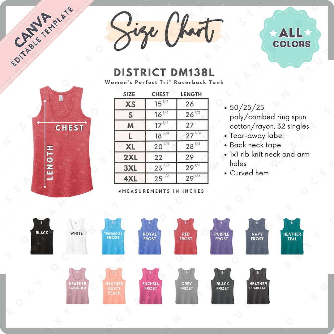 District DM138L Size + Color Chart | EDITABLE Canva Template | DM138L ...