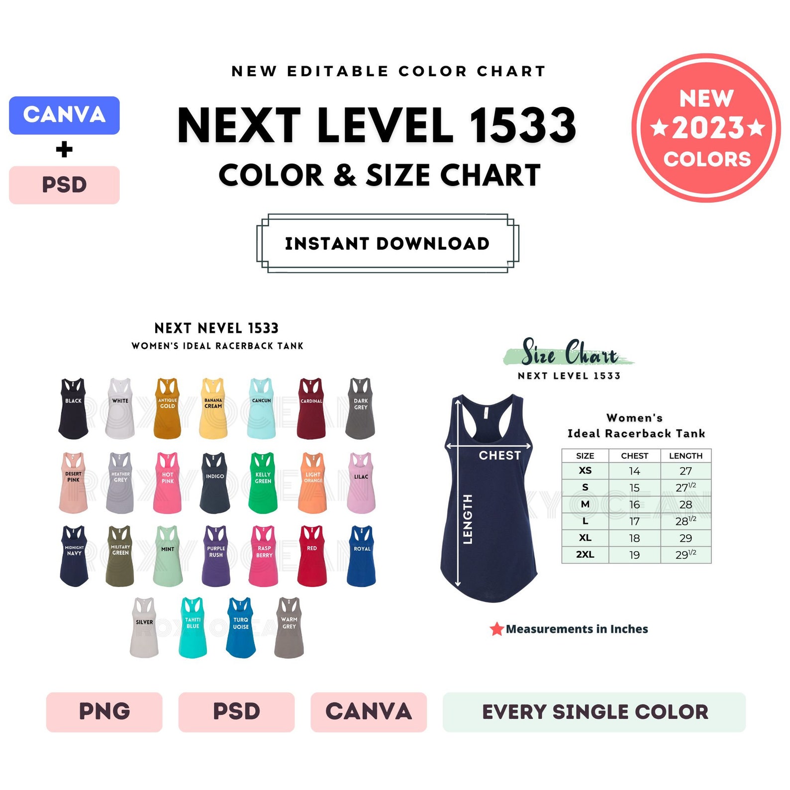 Next Level 1533 Color Size Chart EDITABLE Canva Template 1533 Racerback ...