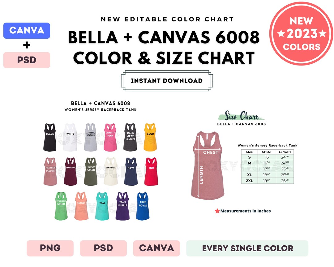 Bella Canvas 6008 Color Size Chart EDITABLE Canva Template - Etsy