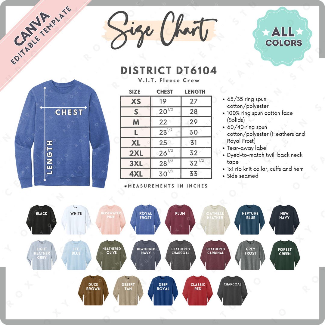 District DT6104 Size + Color Chart | EDITABLE Canva Template | DT6104 ...