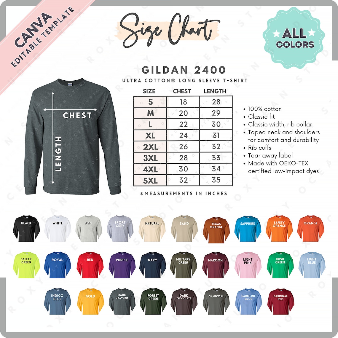 Gildan 2400 Size Color Chart EDITABLE Canva Template G240 Long Sleeve T ...
