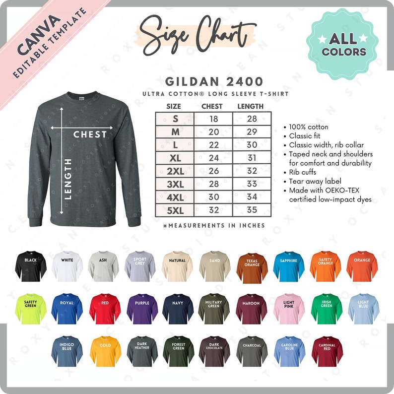 Gildan 2400 Size + Color Chart | EDITABLE Canva Template | G240 Long ...