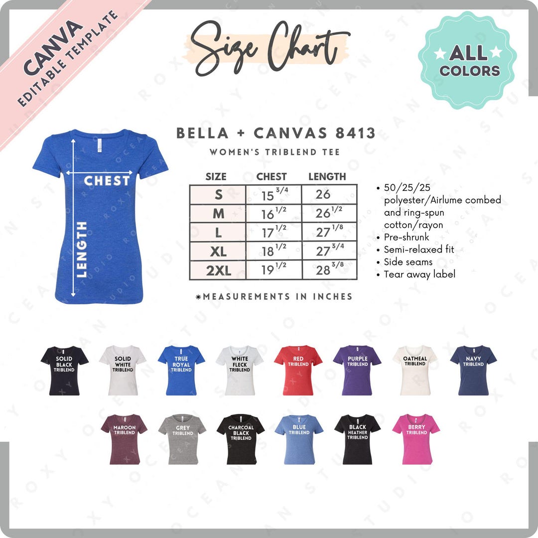 Bella Canvas 8413 Size + Color Chart | Editable Canva Template | 8413 ...