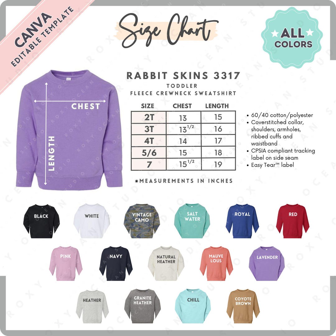 Rabbit Skins 3317 Size + Color Chart | EDITABLE Canva Template | 3317 ...