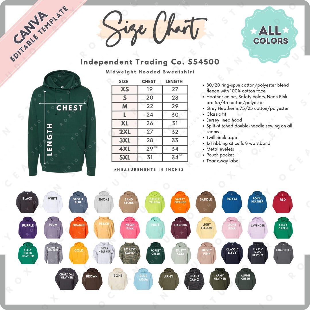 Independent Trading Co.ss4500 Size + Color Chart | EDITABLE Canva ...