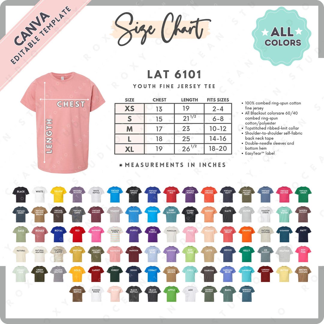 LAT 6101 Size + Color Chart | EDITABLE Canva Template | 6101 Youth Fine ...