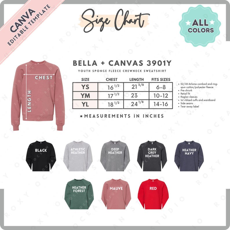 Bella Canvas 3901Y Size + Color Chart | EDITABLE Canva Template | 3901Y ...