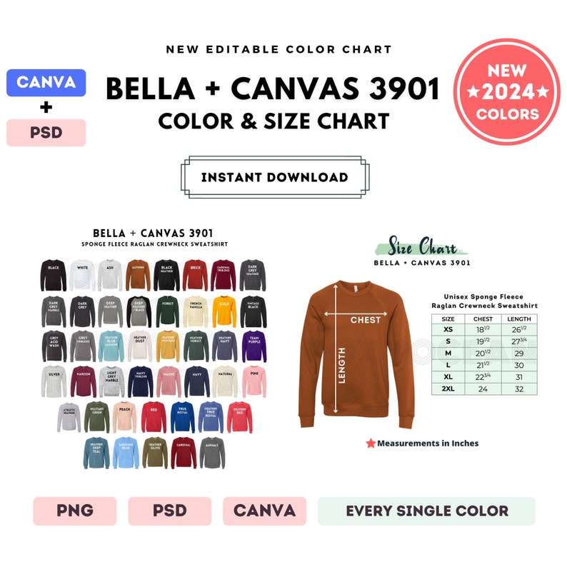Bella Canvas 3901 Color Size Chart EDITABLE Canva Template 3901 Raglan ...