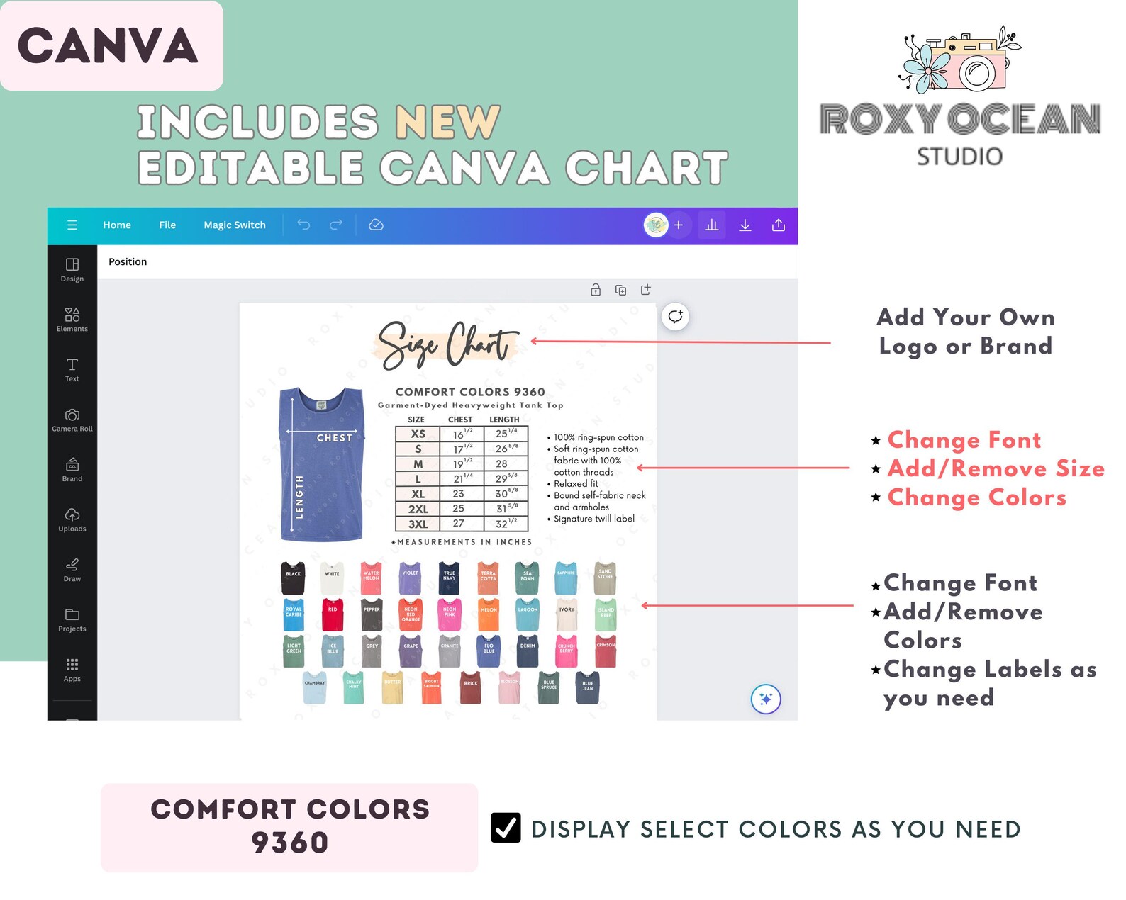 Comfort Colors 9360 Size + Color Chart | EDITABLE Canva Template | 9360 ...