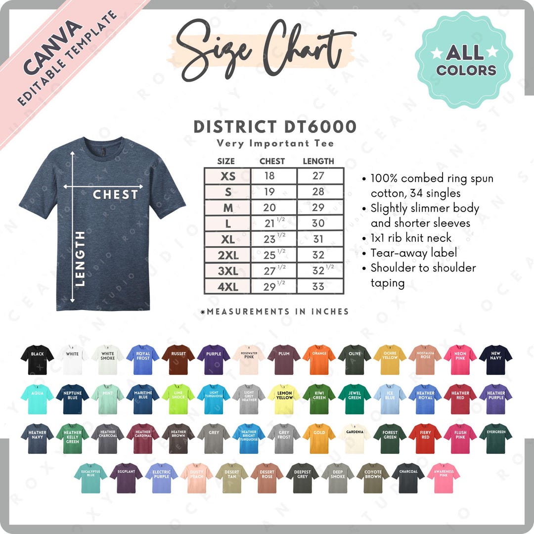 District DT6000 Size + Color Chart | EDITABLE Canva Template | DT6000 ...