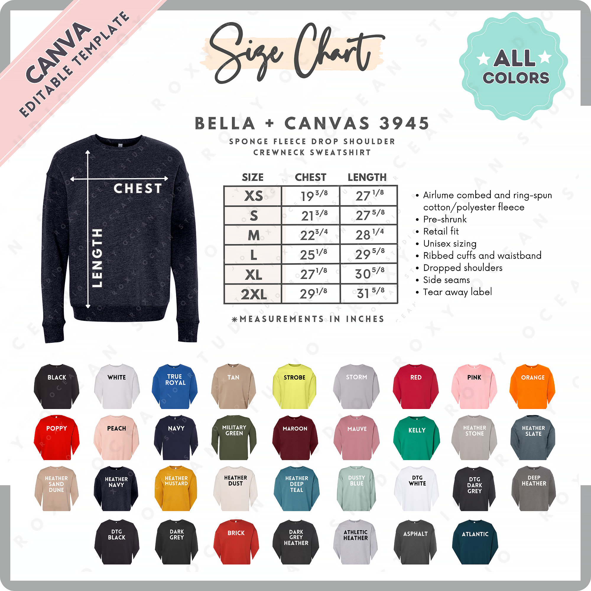 Bella Canvas 3945 Size Color Chart EDITABLE Canva Template 3945 ...