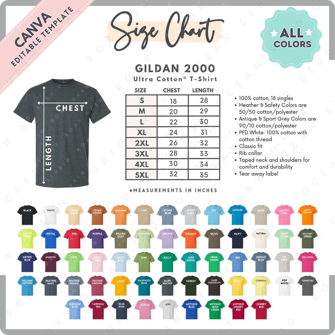 Gildan 2000 Size + Color Chart | EDITABLE Canva Template | G200 Ultra ...