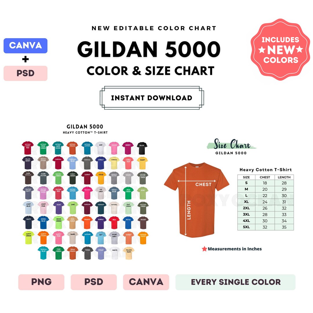 G500 Color + Size Chart | EDITABLE Canva Template | G500 Heavy Cotton T ...