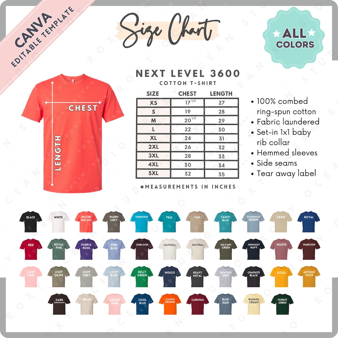 Next Level 3600 Size + Color Chart | EDITABLE Canva Template | 3600 ...