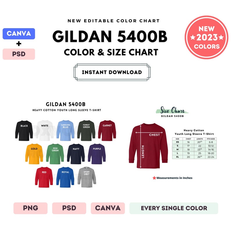G540B Color Size Chart EDITABLE Canva Template G540B Youth Long Sleeve ...
