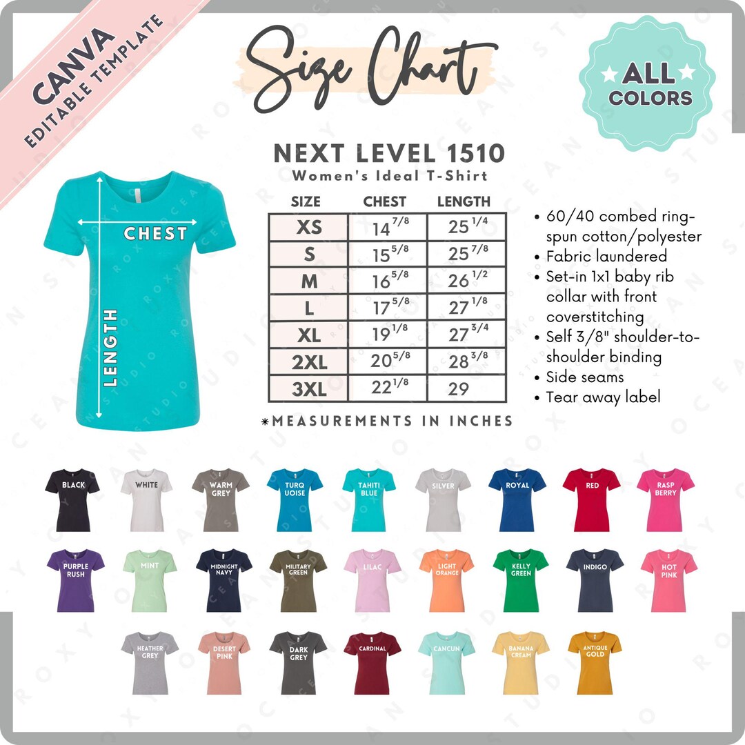 Next Level 1510 Size + Color Chart | EDITABLE Canva Template | 1510 ...