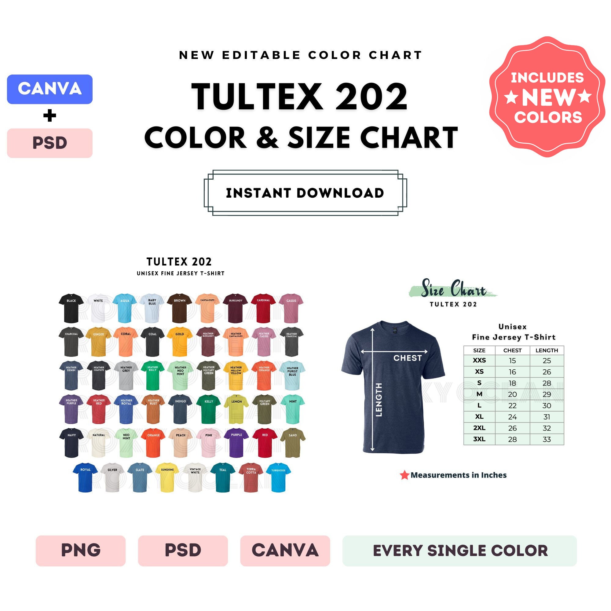 Tultex 202 Color + Size Chart | EDITABLE Canva Template | 202 Unisex Fine Jersey T-shirt | 202 ...
