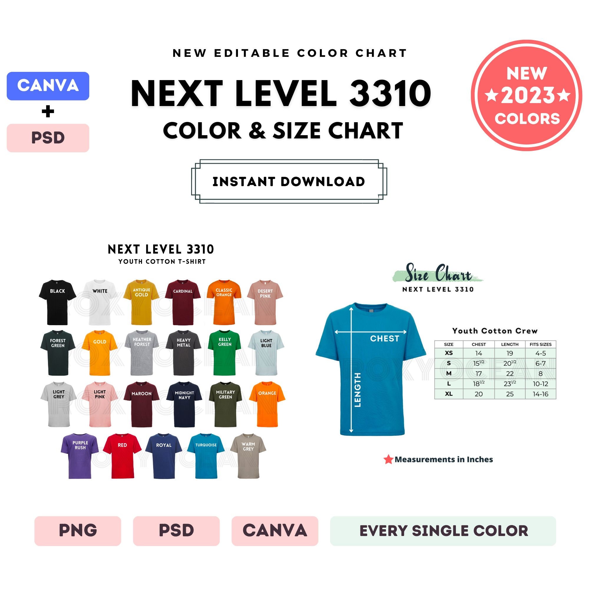 Next Level 3310 Color Size Chart EDITABLE Canva Template 3310 Youth Cotton T-shirt 3310 Size ...