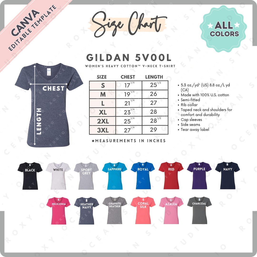 Gildan 5V00L Size + Color Chart | EDITABLE Canva Template | G500VL ...