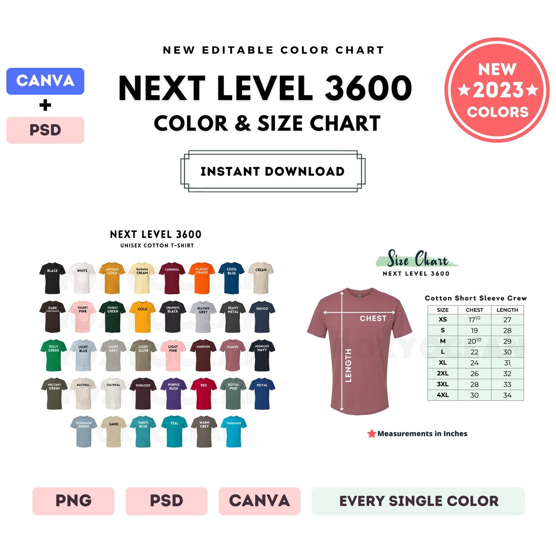 Next Level 3600 Color Size Chart EDITABLE Canva Template 3600 Unisex ...