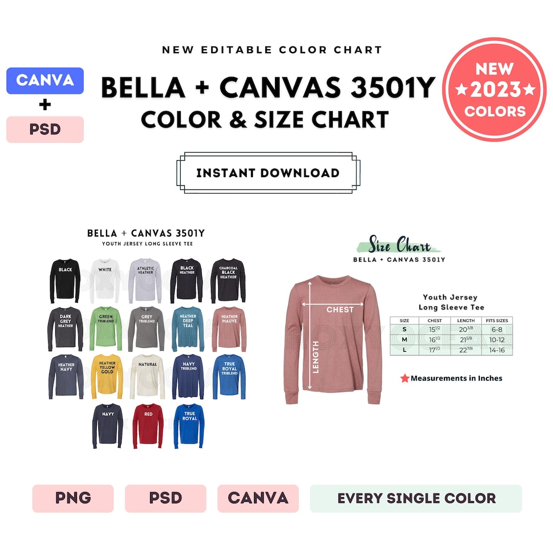 Bella Canvas 3501Y Color Size Chart EDITABLE Canva Template 3501Y Youth ...