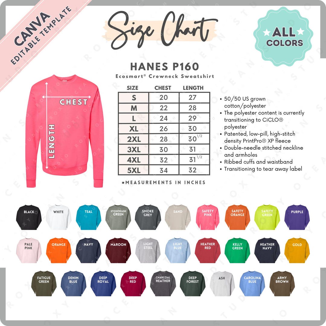 Hanes P160 Size + Color Chart | EDITABLE Canva Template | P1607 ...