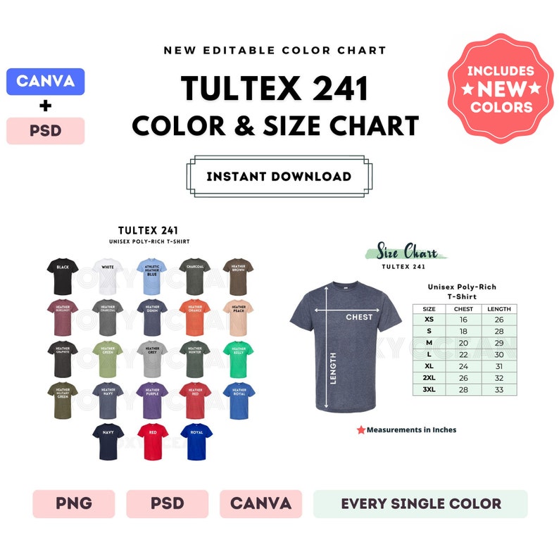 Tultex 241 Color + Size Chart | EDITABLE Canva Template | 241 Unisex ...