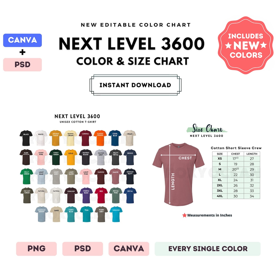 Next Level 3600 Color + Size Chart | EDITABLE Canva Template | 3600 ...